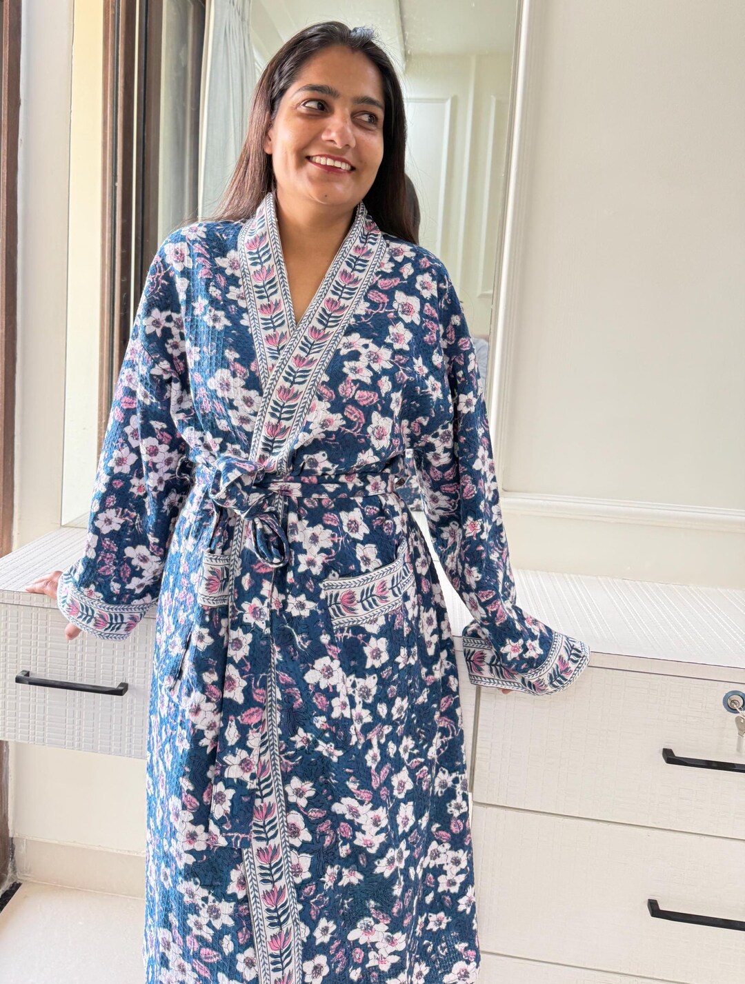 Blue Floral Cotton Robe: Indian Hand Block Print Kimono, Unisex ...