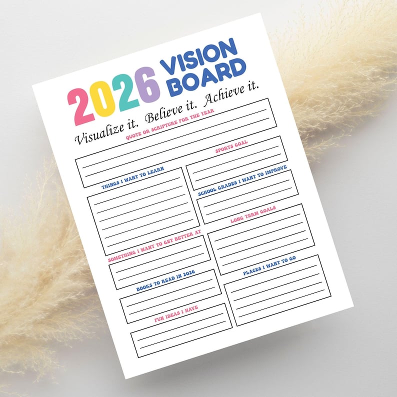 2026 Vision Board Printable for Kids and Teens, Goal Setting Worksheet ...