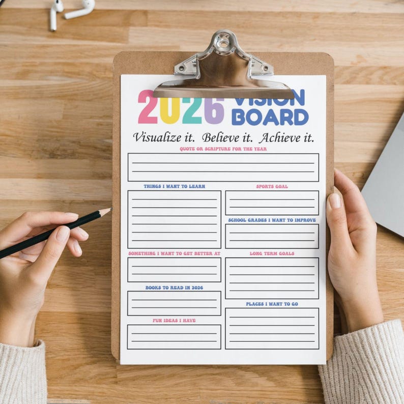 2026 Vision Board Printable for Kids and Teens, Goal Setting Worksheet ...