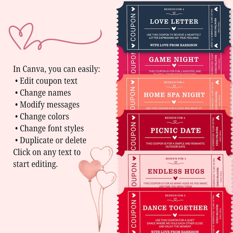 30 Editable Love Coupons, Romantic Coupons for Him & Her, Valentine’s ...