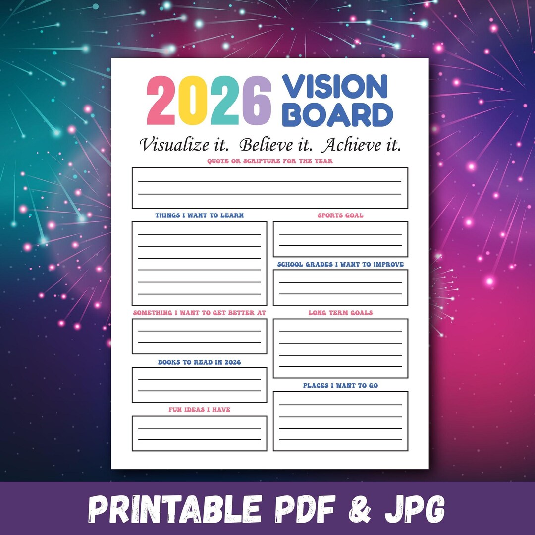 2026 Vision Board Printable for Kids and Teens, Goal Setting Worksheet ...