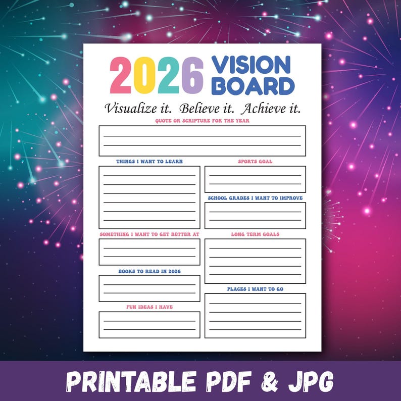 2026 Vision Board Printable for Kids and Teens, Goal Setting Worksheet ...