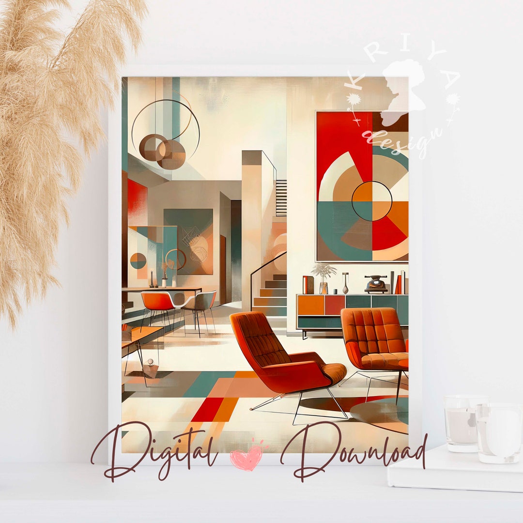 Printable Mid Century Modern Cheerful Art Print, Retro Living Room Wall ...