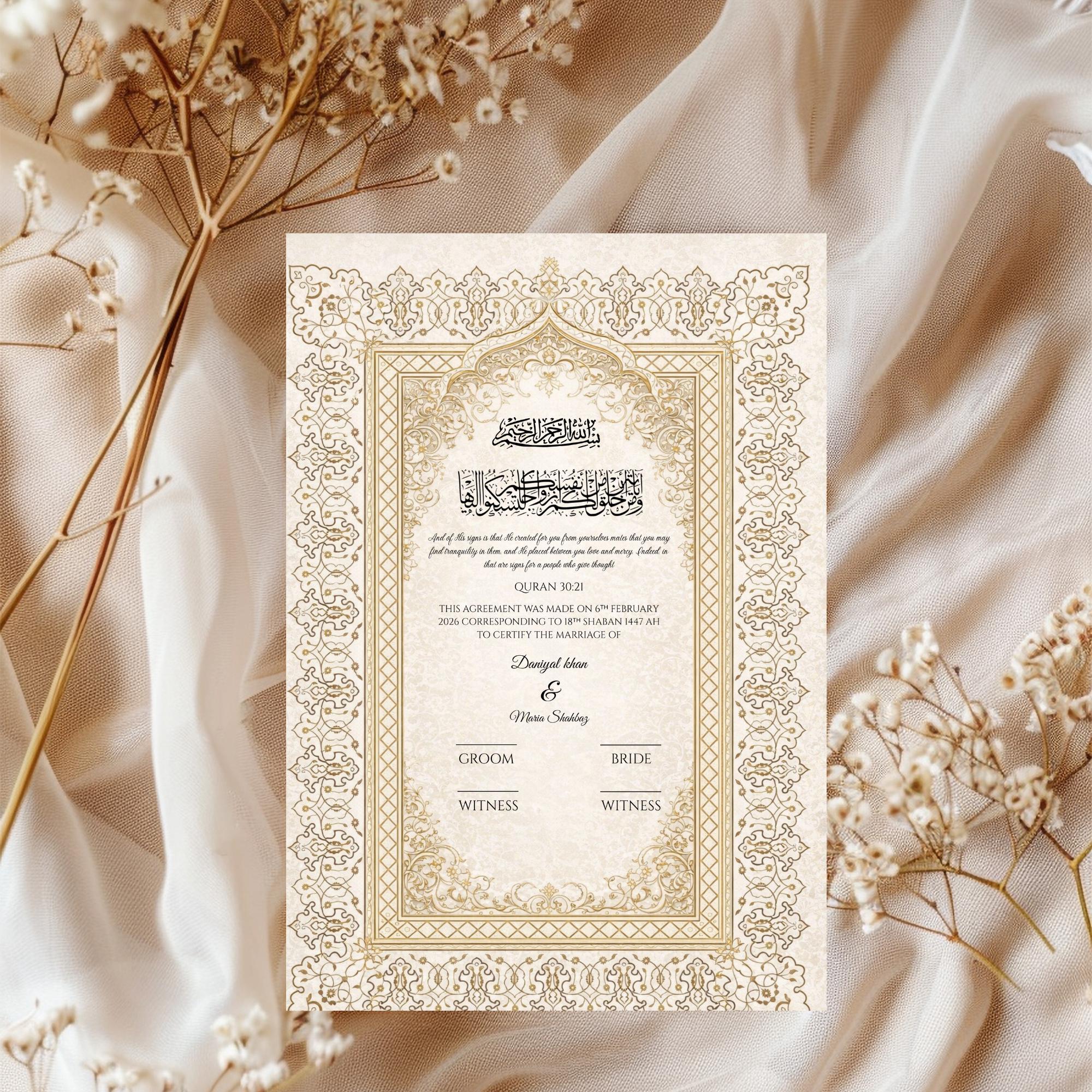 Islamic Nikah Certificate Printable Arabic Calligraphy Nikah Contract ...
