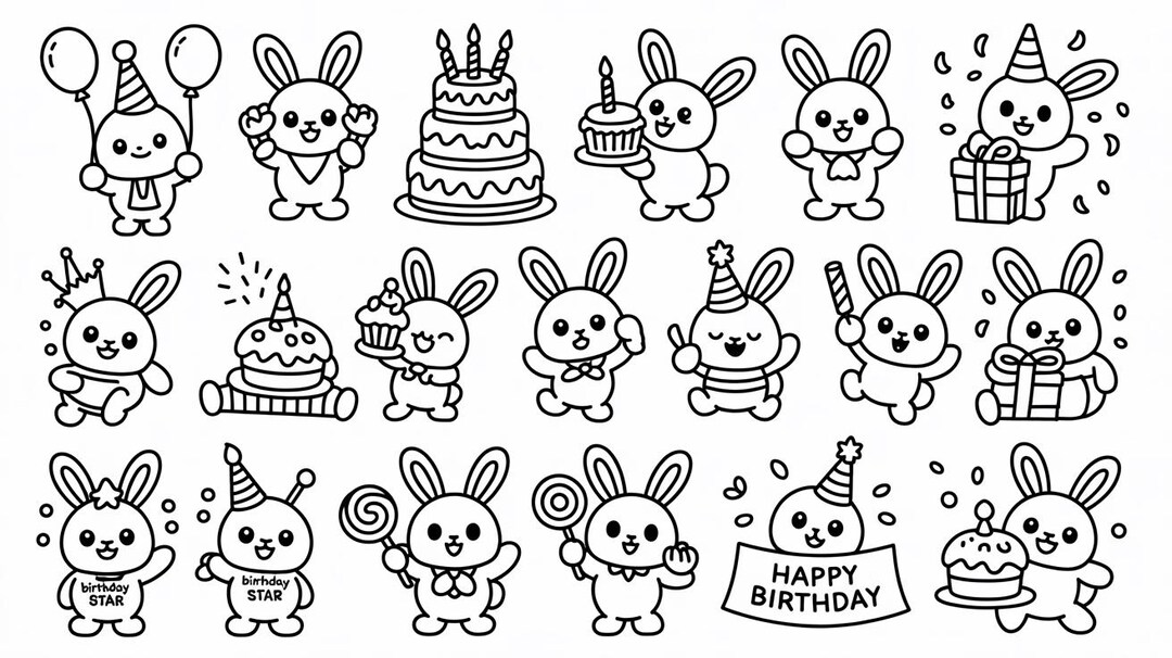 Bunny Birthday Clipart Bundle SVG PNG | Kawaii Rabbit Party Line Art ...