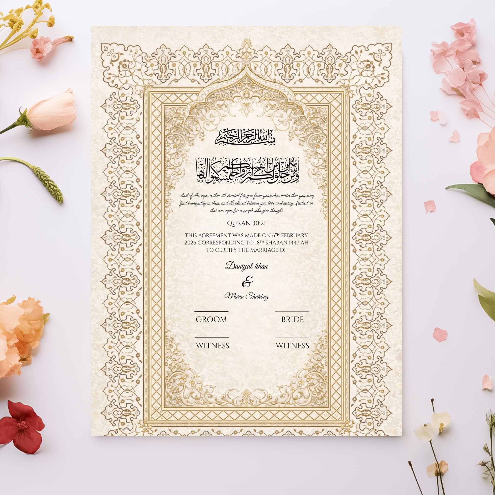 Islamic Nikah Certificate Printable Arabic Calligraphy Nikah Contract ...