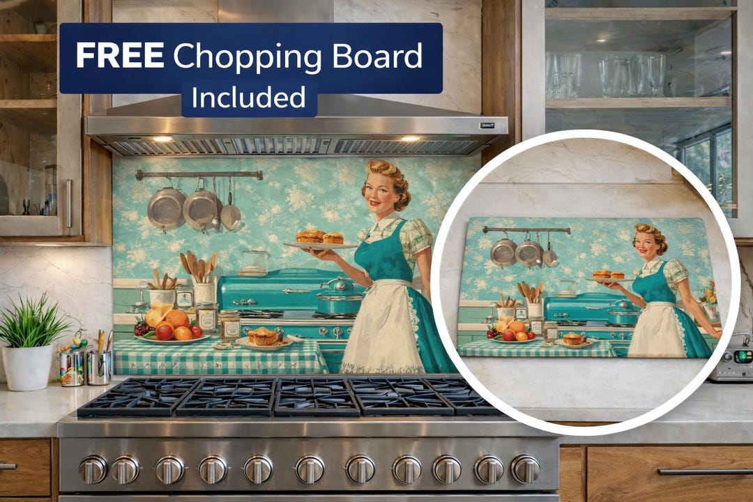 Vintage Kitchen Backsplash Retro Housewife Glass Panel, Farmhouse Stove ...