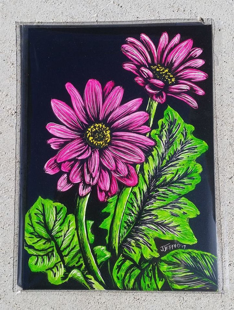 Original Pink Flowers Scratchboard Drawing - Etsy