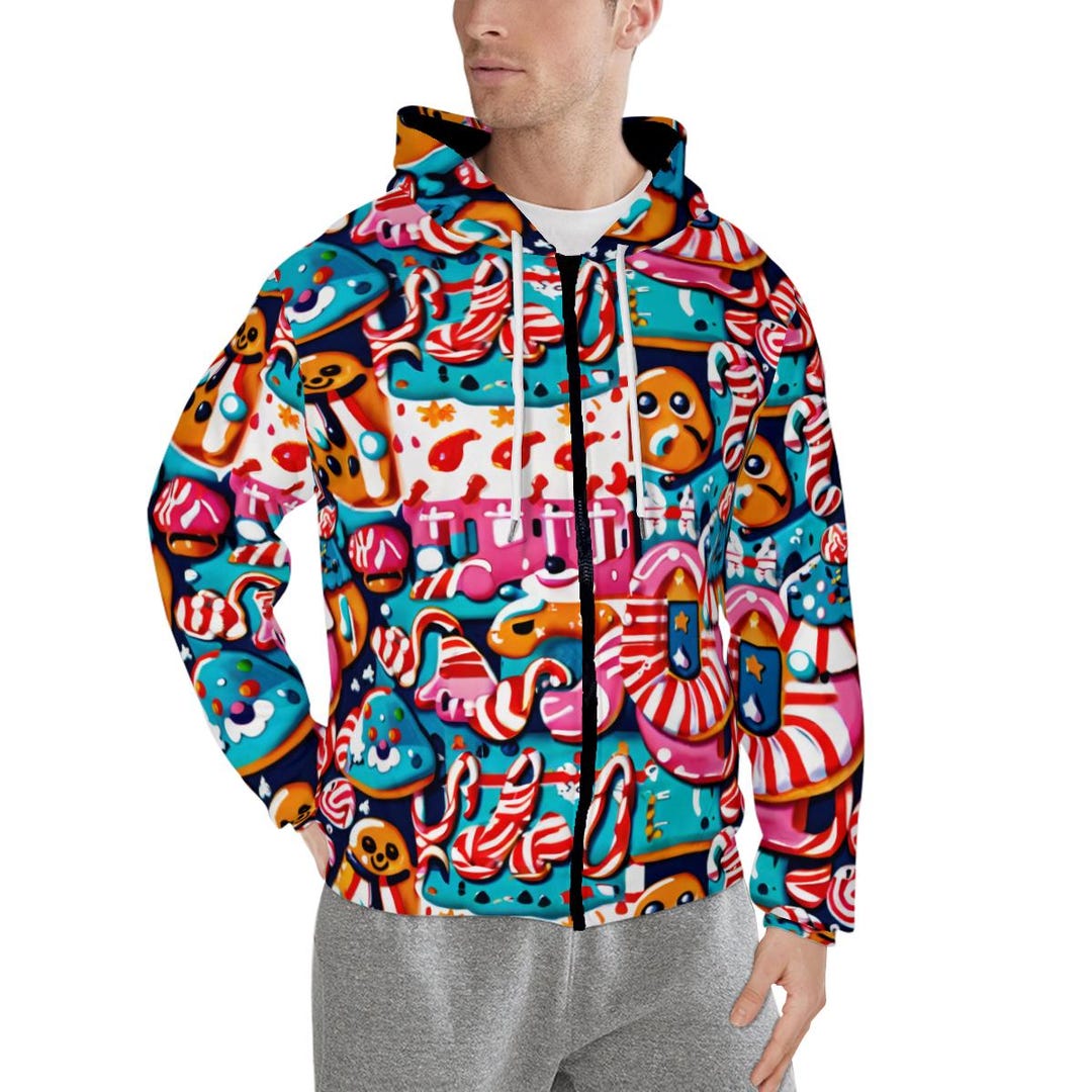 Trippy Gingerbread Man Zip Hoodie – Psychedelic Ugly Christmas Sweater ...