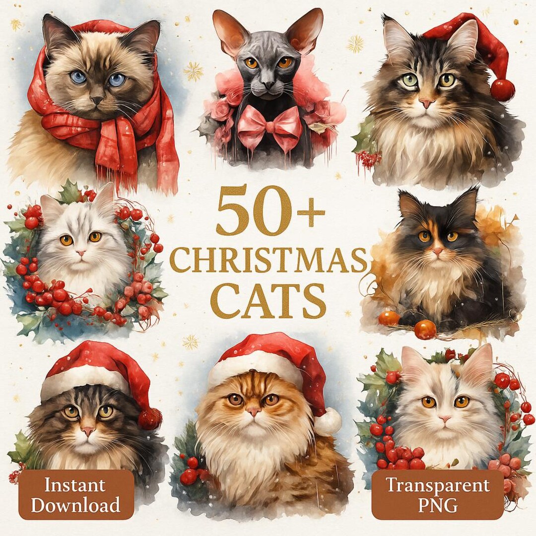 Christmas Cat Watercolor Clipart | 50+ Holiday Cats PNG (digital ...