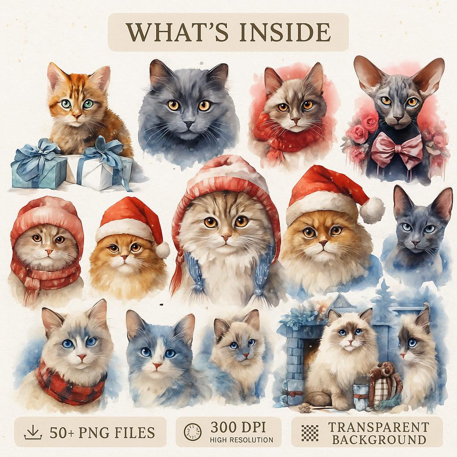 Christmas Cat Watercolor Clipart | 50+ Holiday Cats PNG (digital ...