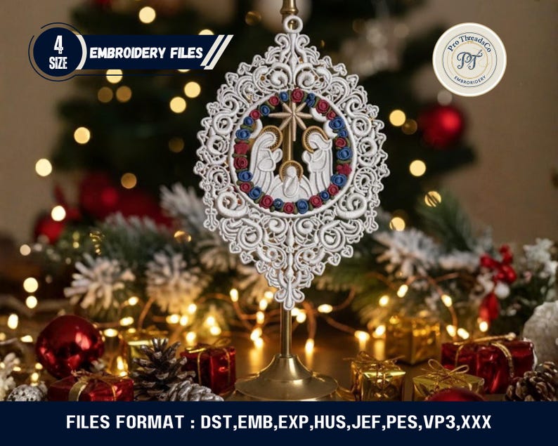 Nativity Scene FSL Embroidery Design - Holy Family Christmas Ornament ...