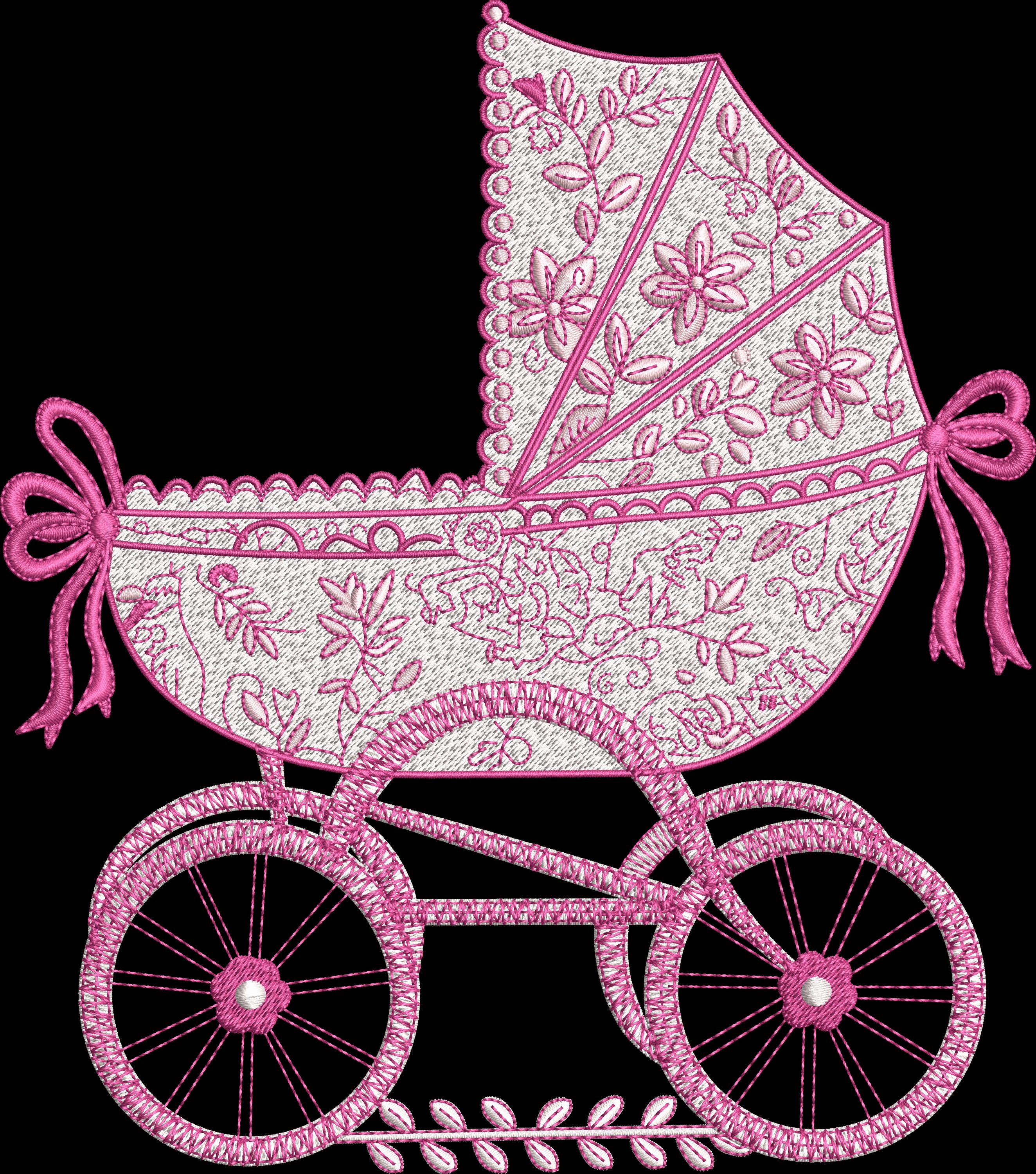 Toile Baby Carriage Embroidery Design, Chinoiserie Redwork Pram Pattern ...