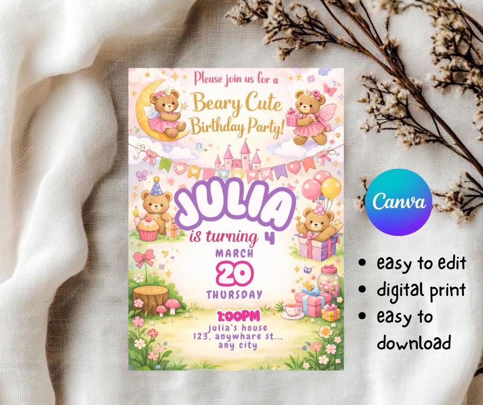 Teddy Bear Birthday Invitation | Baby & Toddler Party Invite | Editable ...