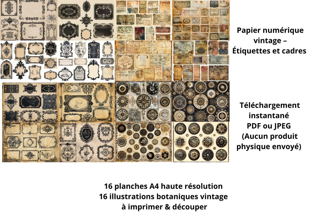 Vintage Digital Paper Labels and Frames – 16 Sheets A4 Ephemera ...