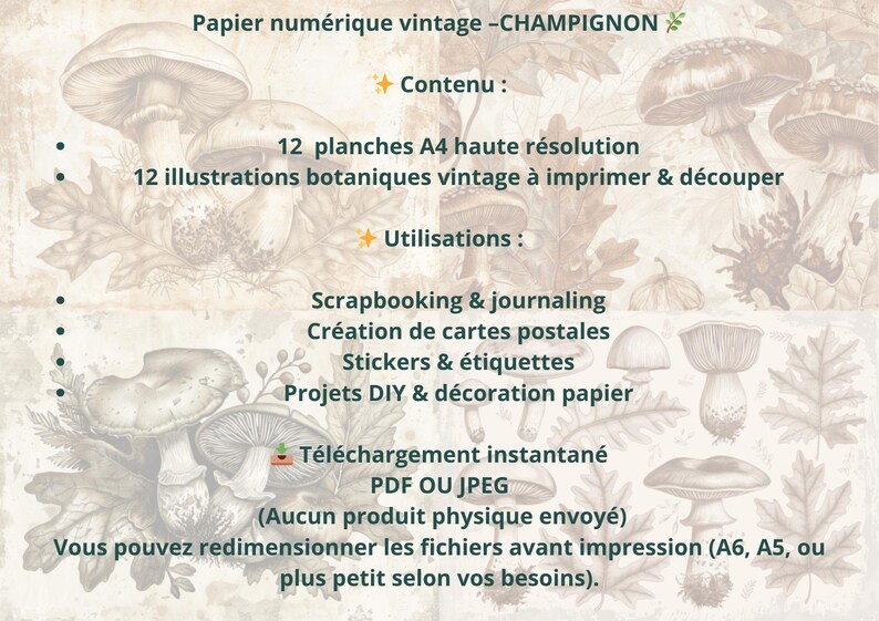 Vintage Mushroom Digital Paper – 12 A4 Sheets Fungi Ephemera Botanical ...