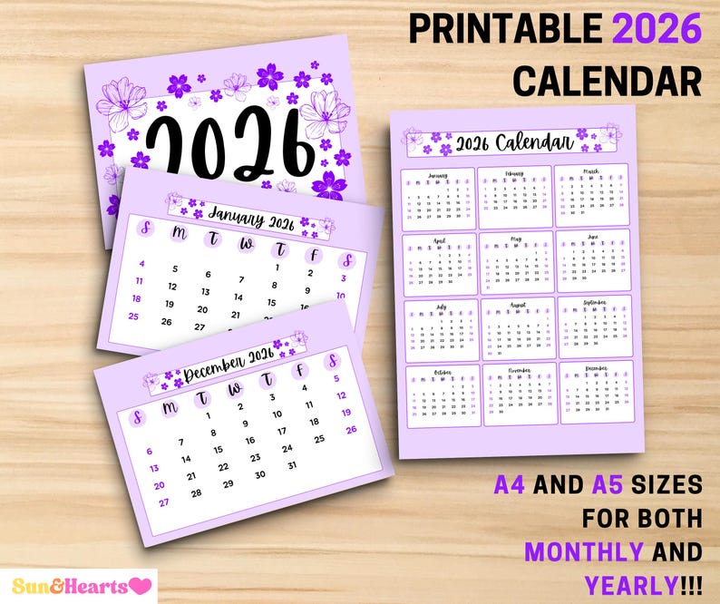Purple Printable Calendar | 2026 Calendar | Cute Aesthetic Calendar ...