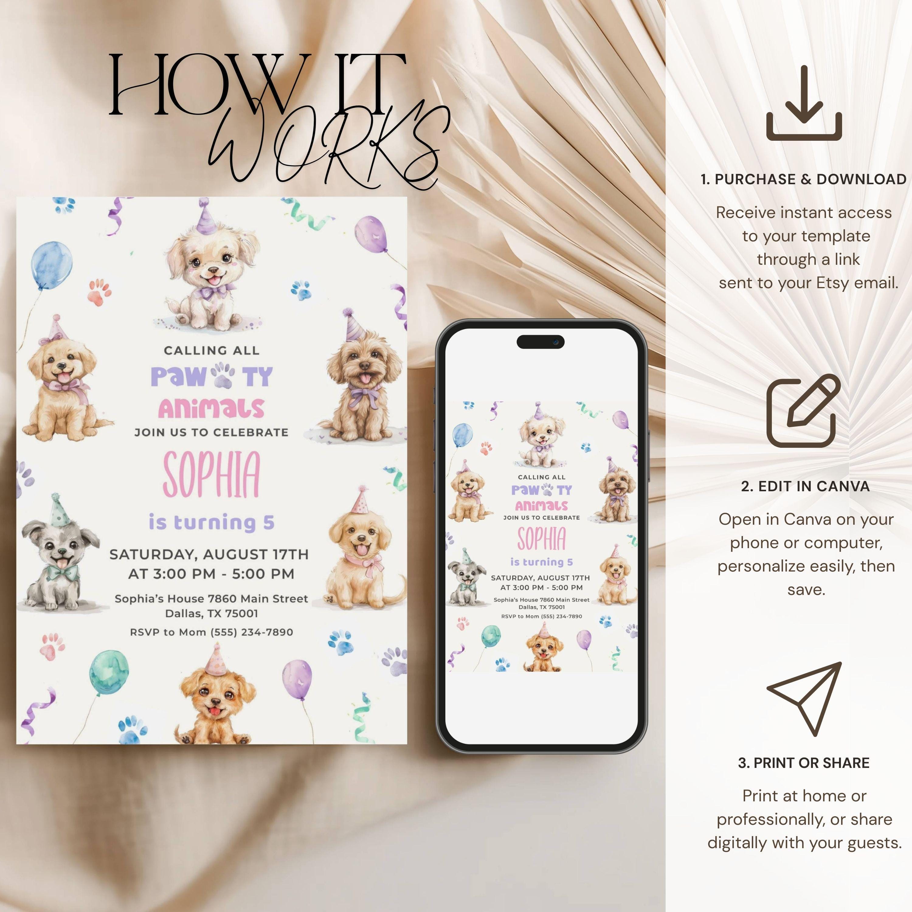 Editable Dogs Birthday Party Invitation, Puppy Birthday Party Animal ...