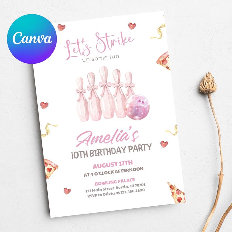 Editable Bowling Birthday Invitation, Let's Strike up Some Fun, Girls ...