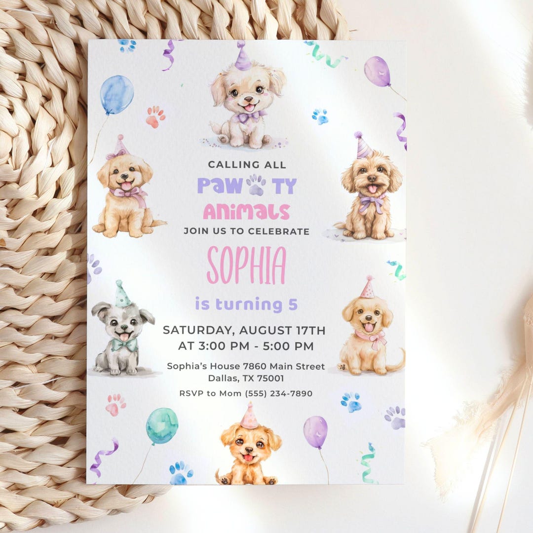 Editable Dogs Birthday Party Invitation, Puppy Birthday Party Animal ...