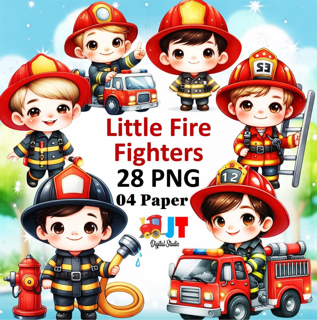 Little Firefighters Clipart Bundle Clipart PNG, Watercolor Firefighter ...