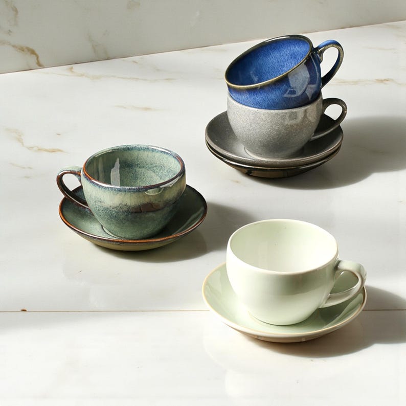 Ceramic Coffee Cup and Saucer Set 350ml Handmade Gradient Reactive ...