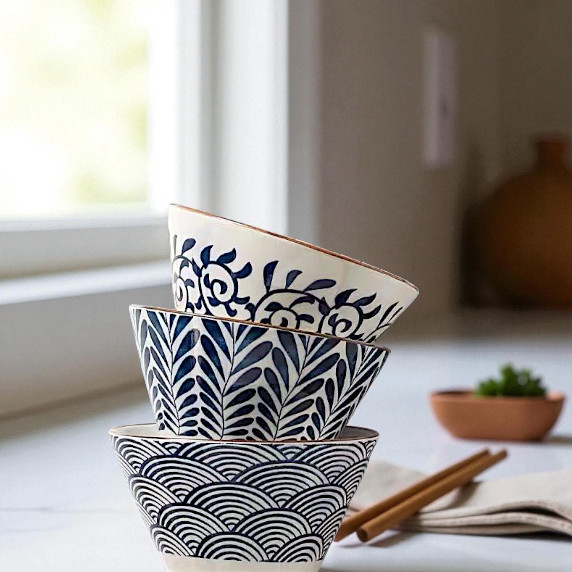 Japanese Ceramic Rice Bowls Blue Pattern Ramen Soup Tableware Gift Box ...
