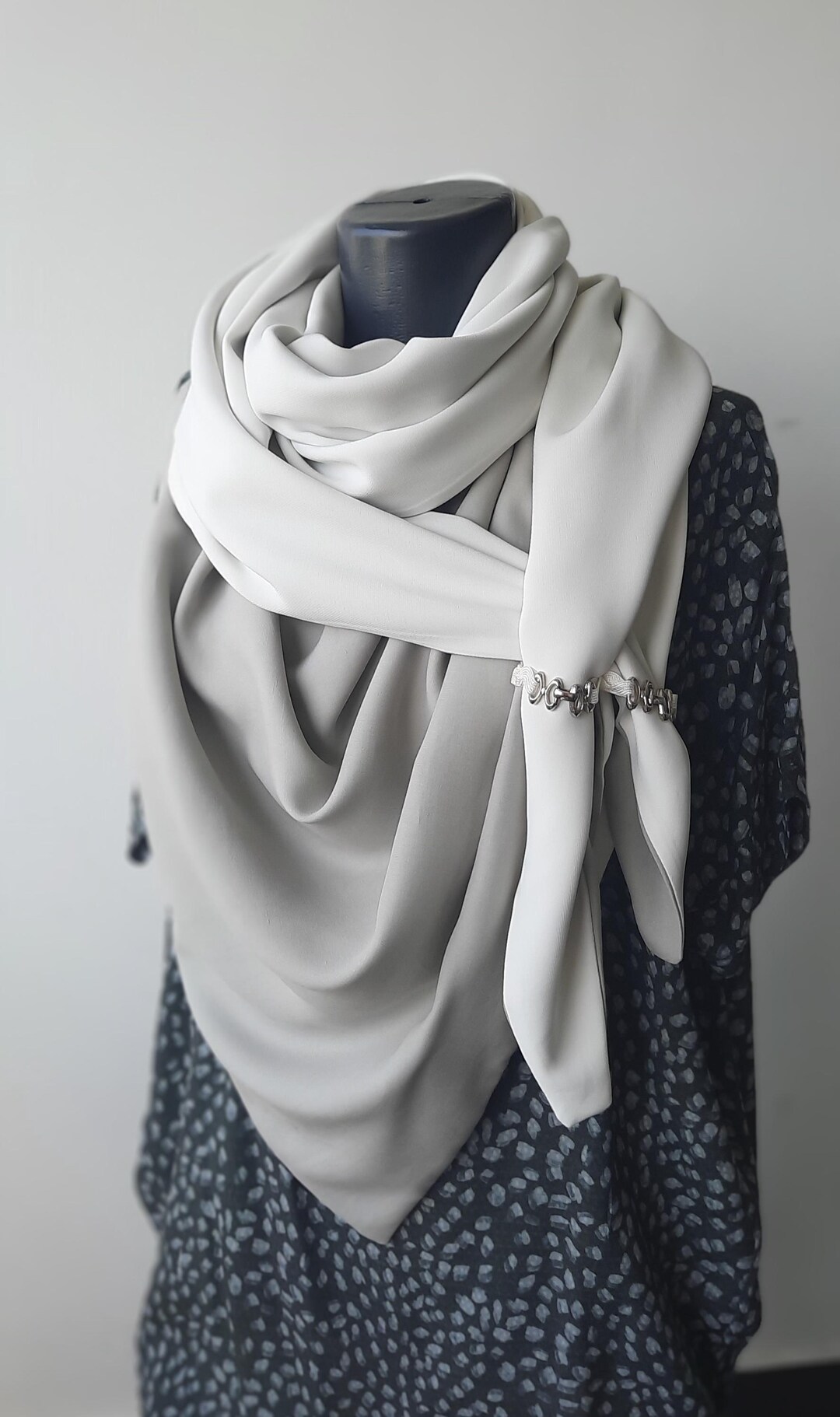Two-tone Gray & Beige Double-sided Scarf With Two Decorative Metalic ...