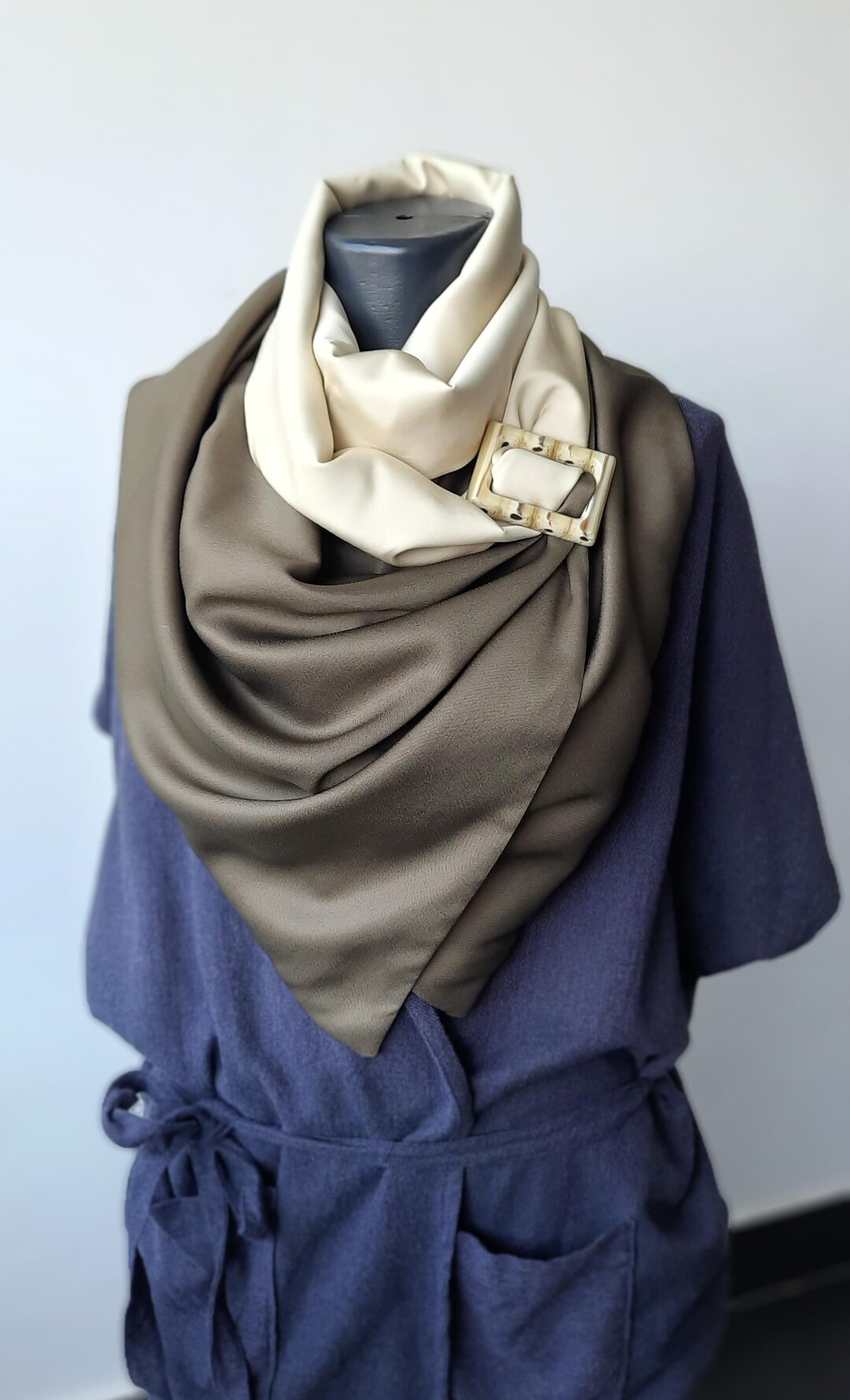 Two-tone Olive & Beige Double-sided Scarf With Artistic Decorative ...