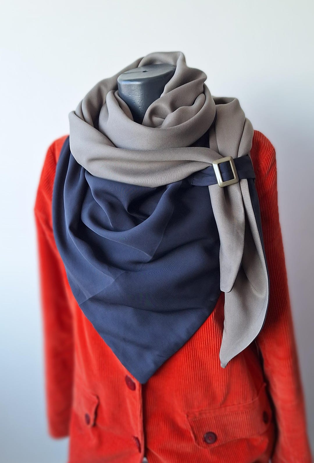 Two-tone Navy & Sand Double-sided Scarf With Decorative Clasp - Etsy