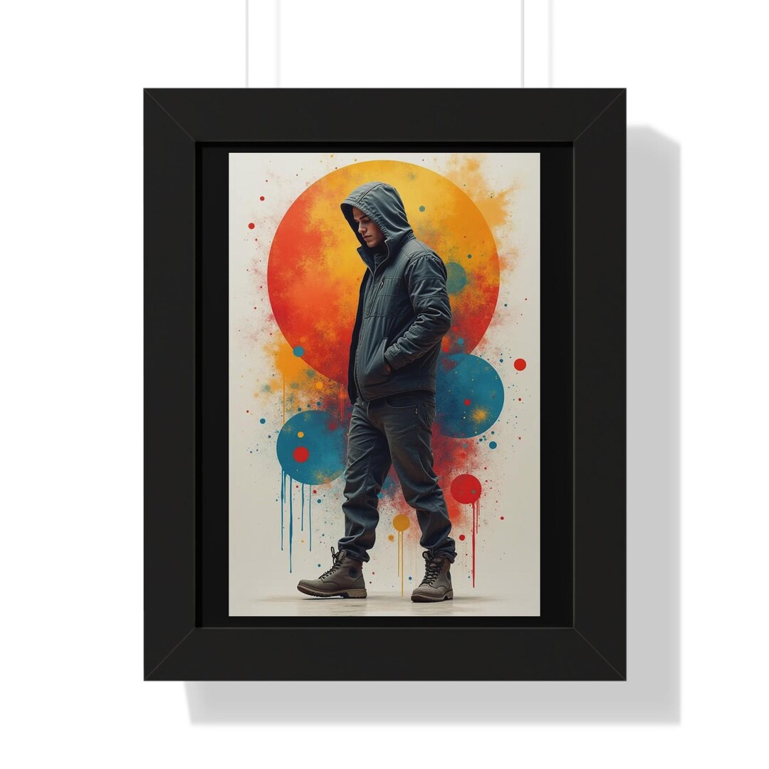 Hooded Figure With Colorful Orbs Framed Vertical Poster , Urban Street ...