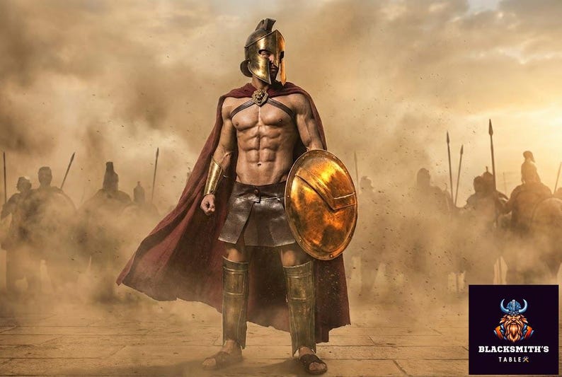 Full Spartan Costume With Steel Helmet, Shield, Leg Guards, Arm Guards ...