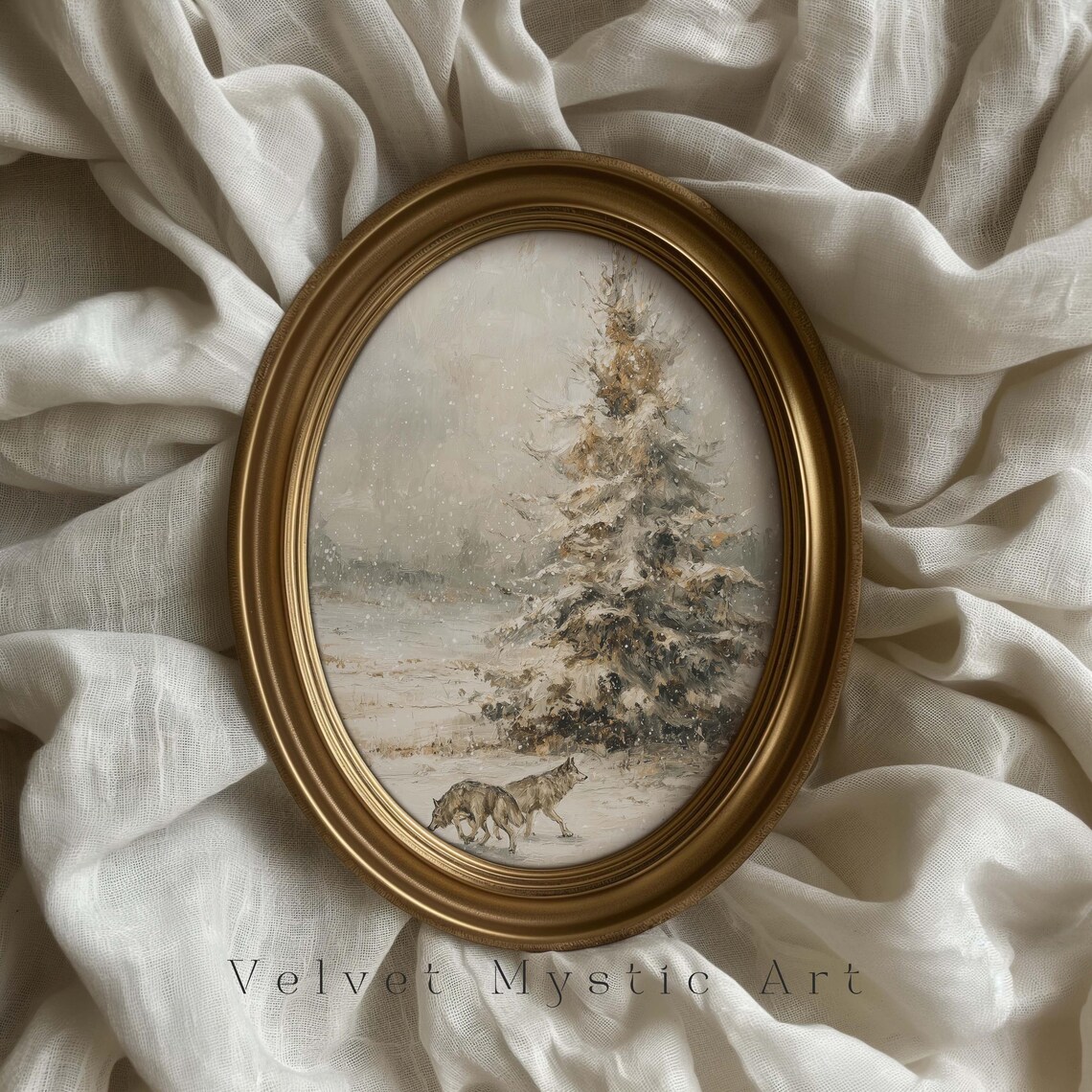 Vintage Winter Wolves Oil Painting | Christmas Tree Woodland Art ...