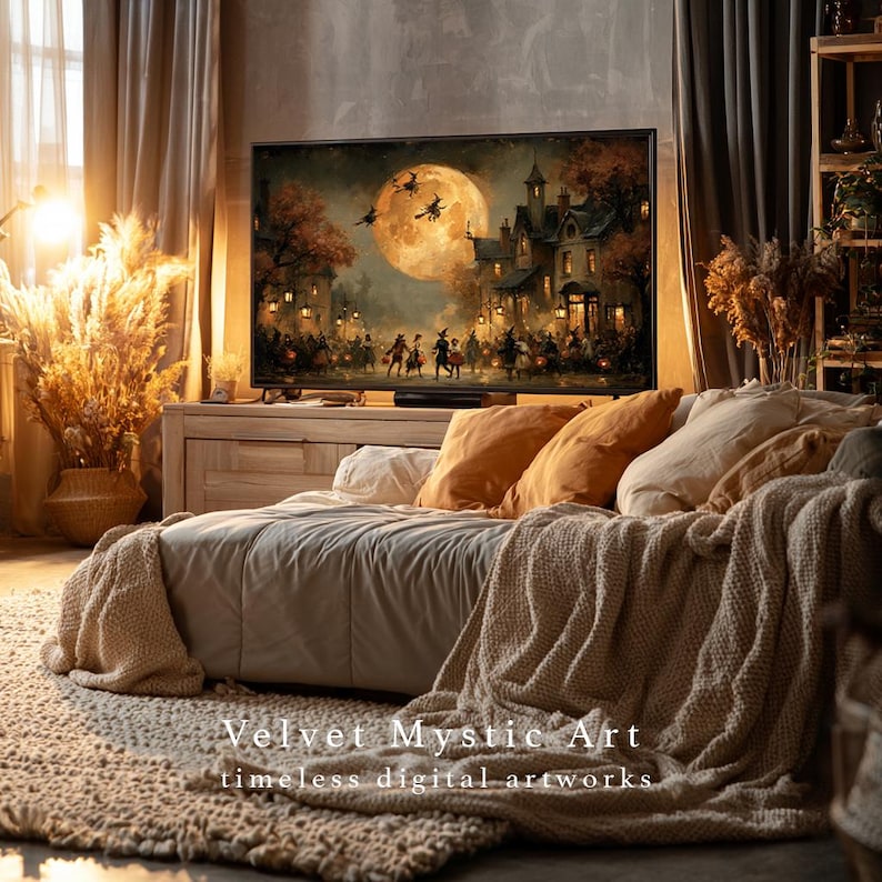 Halloween Samsung Frame TV Art, Spooky Fall Village Decor, Vintage ...
