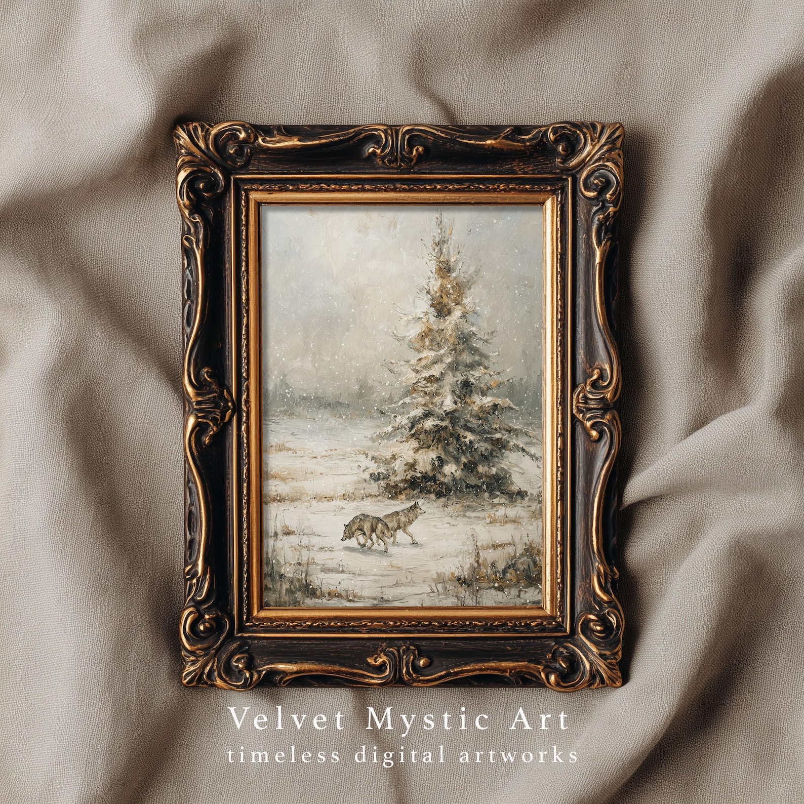 Vintage Winter Wolves Oil Painting | Christmas Tree Woodland Art ...