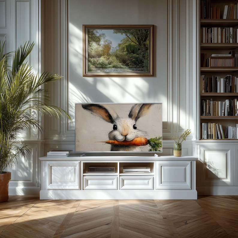 Easter Bunny Painting, Neutral Farmhouse Samsung Frame TV Art (digital ...