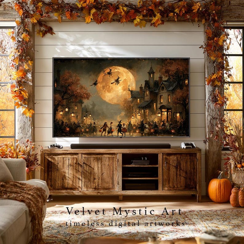 Halloween Samsung Frame TV Art, Spooky Fall Village Decor, Vintage ...