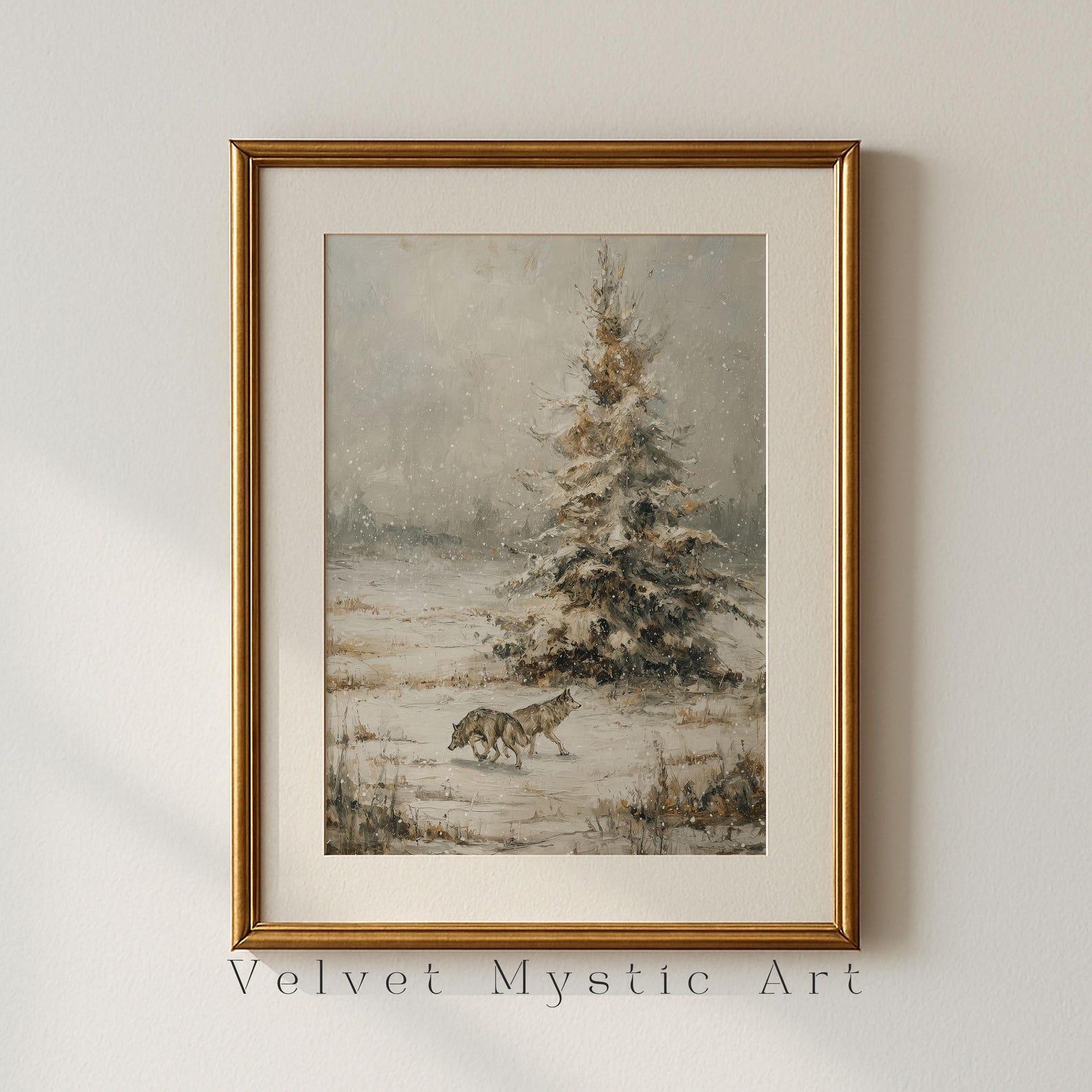 Vintage Winter Wolves Oil Painting | Christmas Tree Woodland Art ...