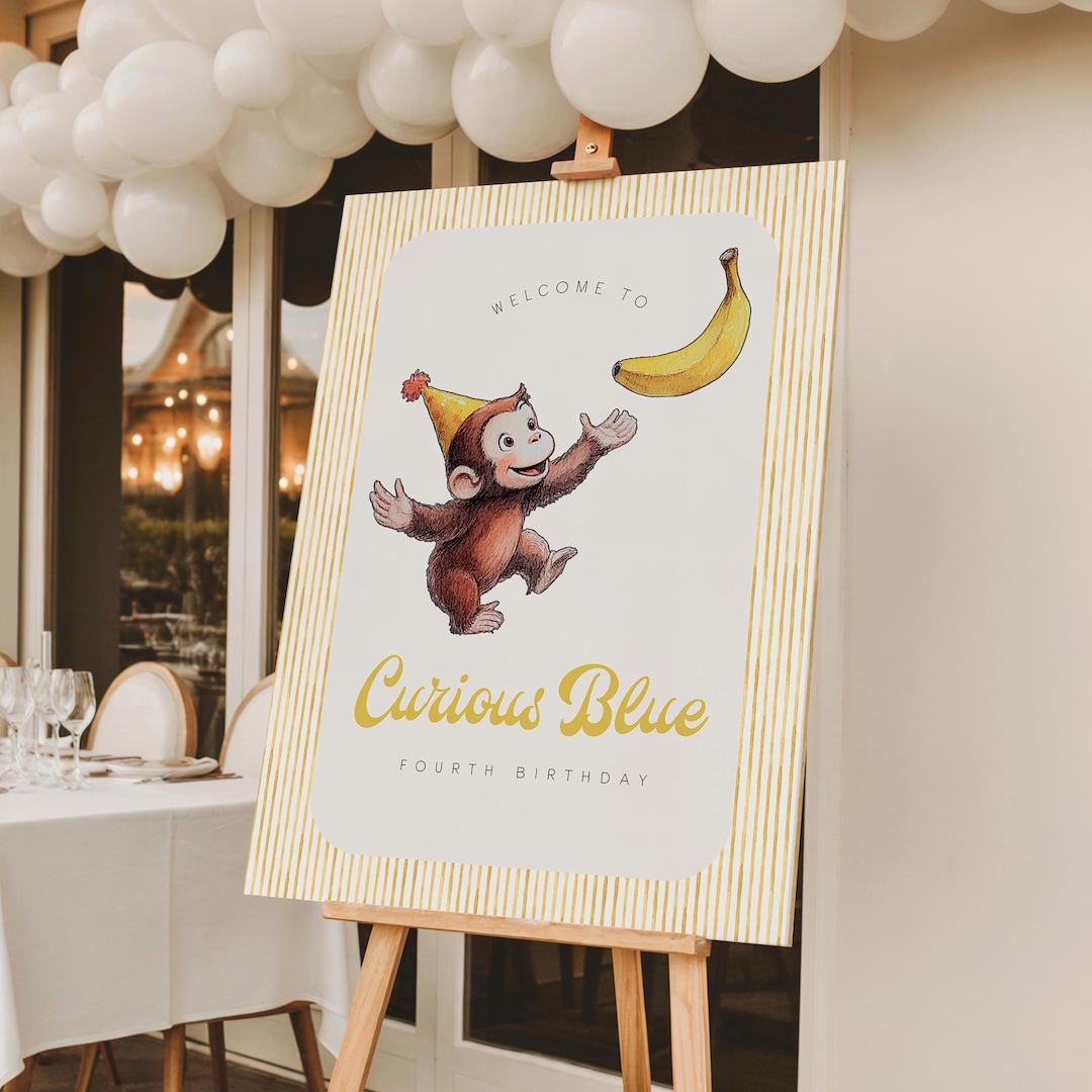 Curious George Birthday Welcome Sign, Watercolor Monkey, Editable ...