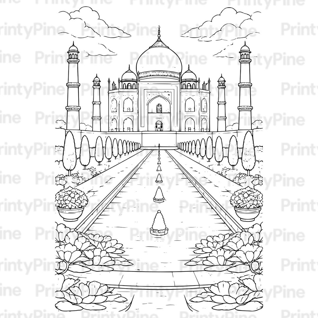 Taj Mahal Coloring Sheets | SVG & PNG | Printable Pages for Kids and ...