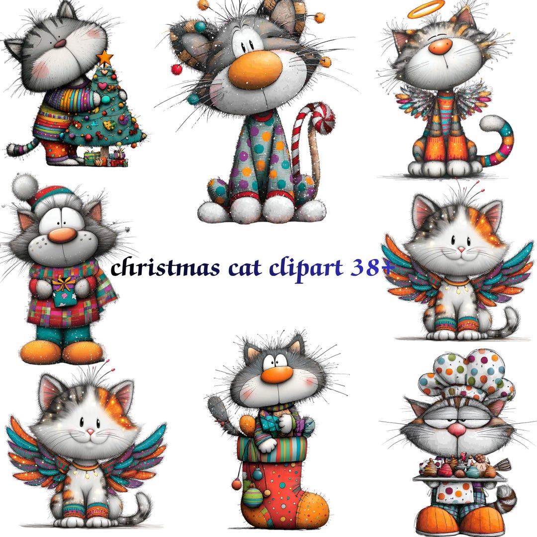 Whimsical Cats Christmas Clipart: Cute Festive Graphics (digital ...
