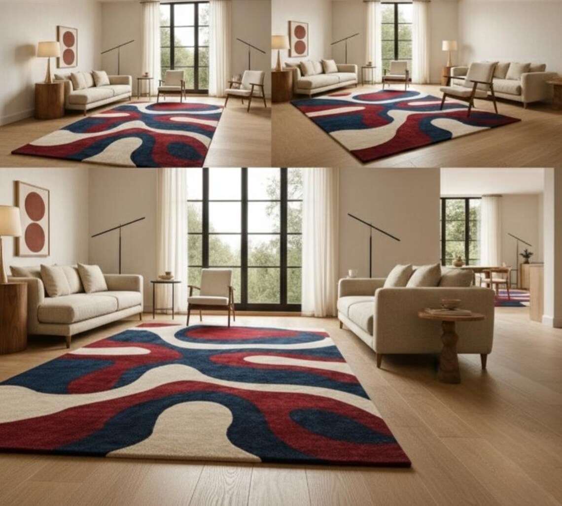 Navy and Red Tufted Rug | Modern Abstract Area Carpet - Etsy