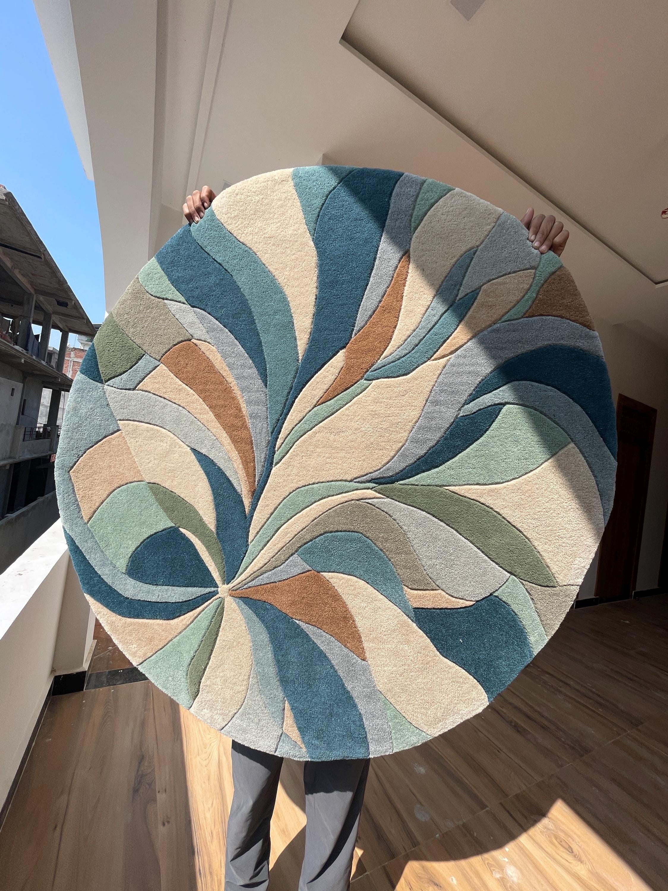 9×9round Abstract Tufted Rug | Modern Blue Beige Area Rug | Handmade ...