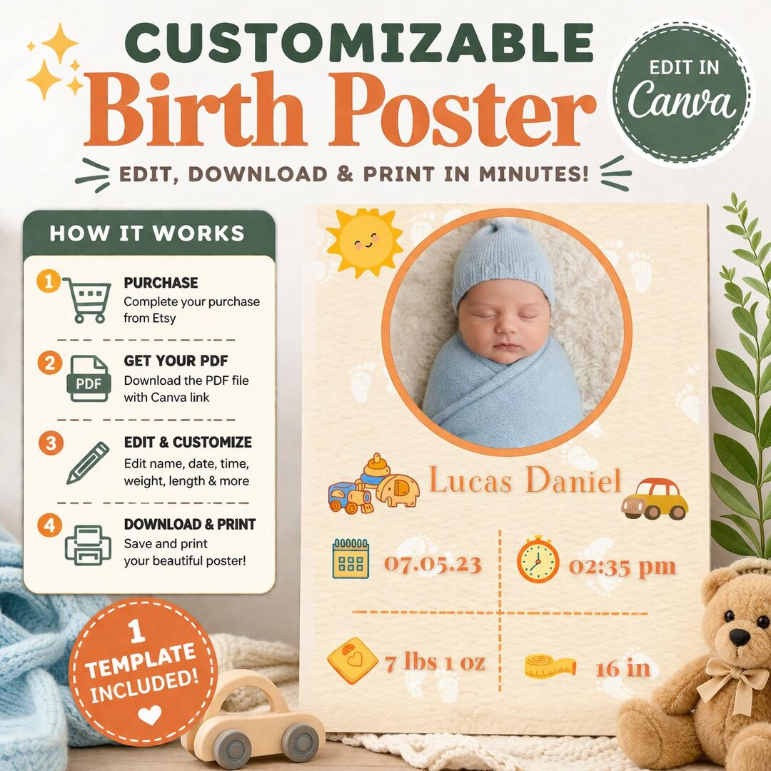 Baby Birth Info Print | New Born Announcement Poster | Nursery Digital ...