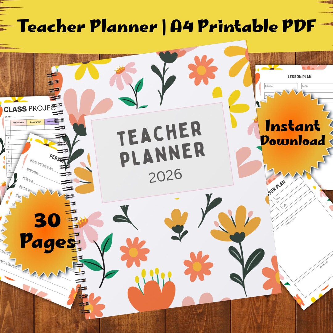2026 Teacher Planner Printable | Floral Lesson Plans, Attendance (PDF ...