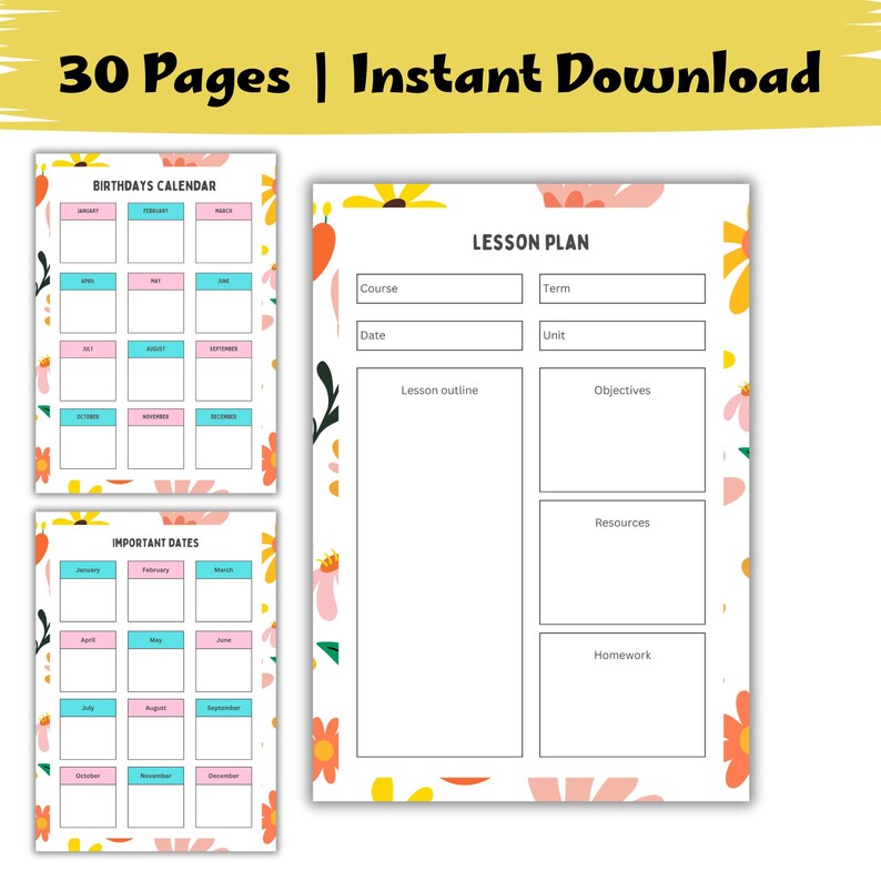 2026 Teacher Planner Printable | Floral Lesson Plans, Attendance ...