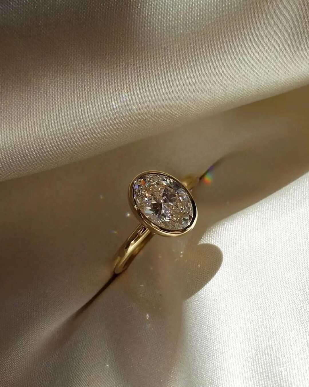 18k Gold Oval Cut Bezel Set Ring Solid Yellow Gold Engagement Ring ...