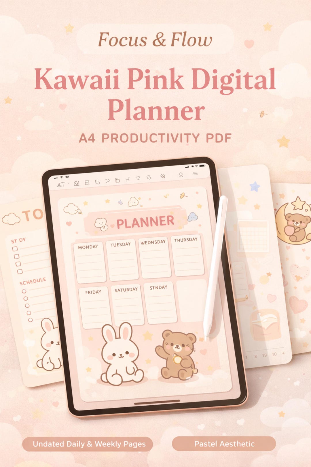 Pastel Digital Planner A4 | Pink Undated Weekly and Daily PDF - Etsy