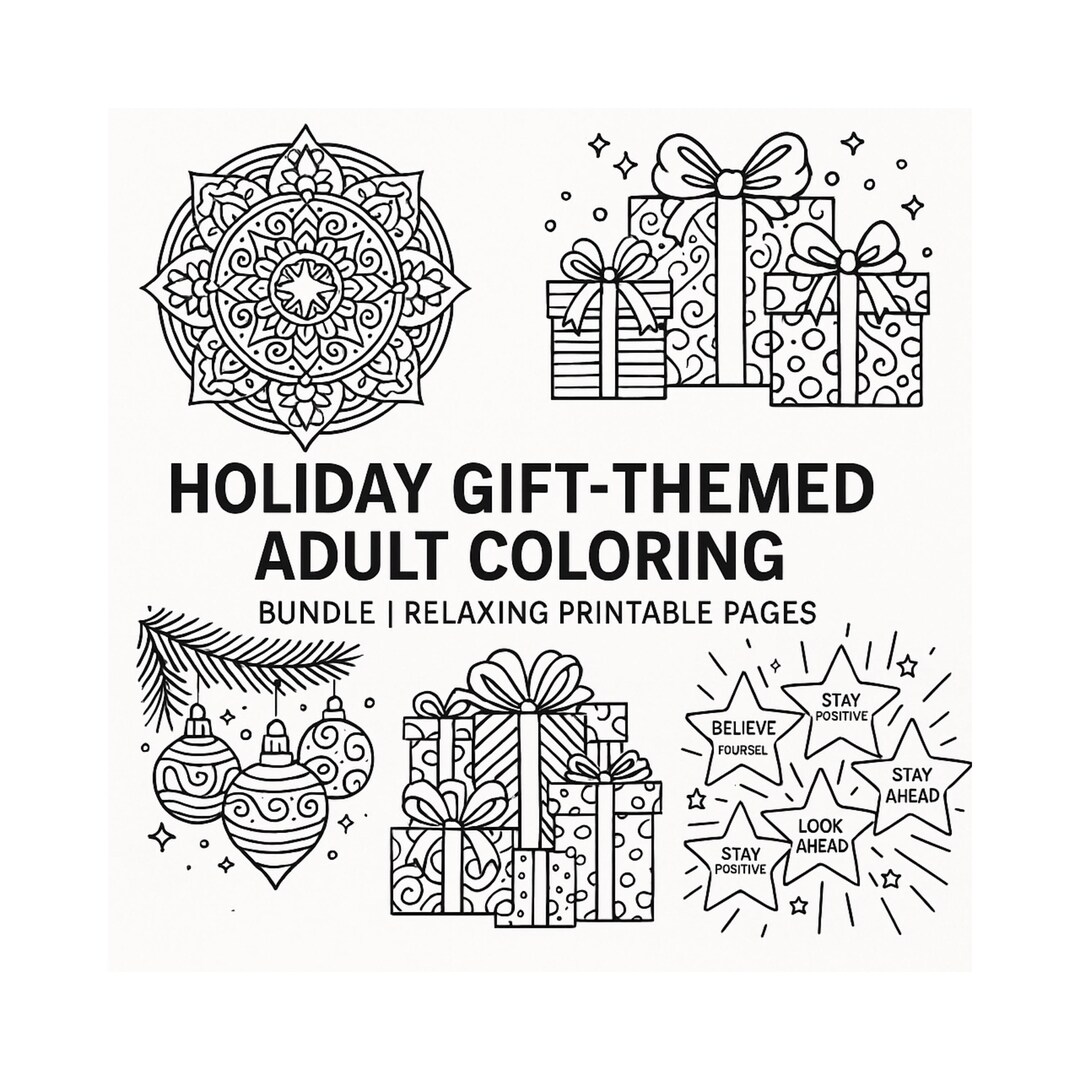 Holiday Coloring Bundle | 5 Printable PDF & PNG Pages | Mandala, Gifts ...