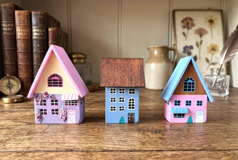 Set of 3 Miniature Wooden Houses – Handcrafted Vintage Nursery Cottage ...